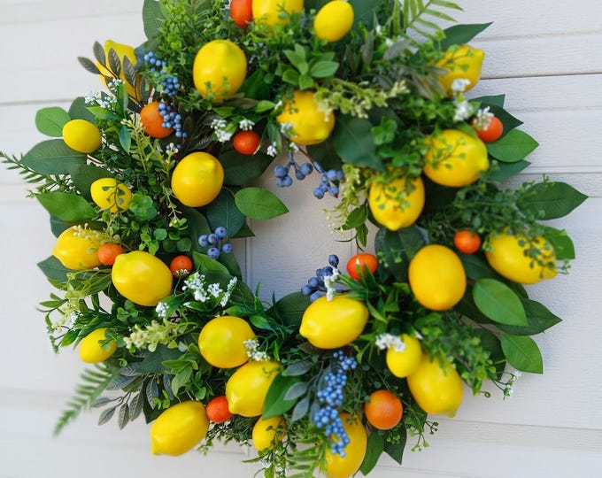 Lemon Blueberry Wreath, Spring Front Door Wreath, Summer Wreath ...