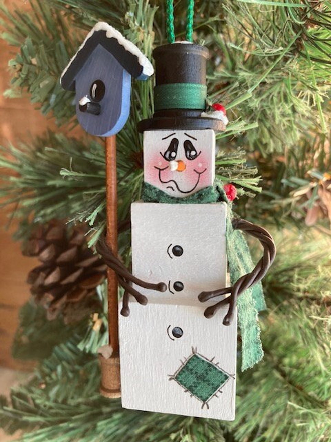 Snowman Wood Block Tree Ornament, Handmade Snowman With Top Hat, Block ...