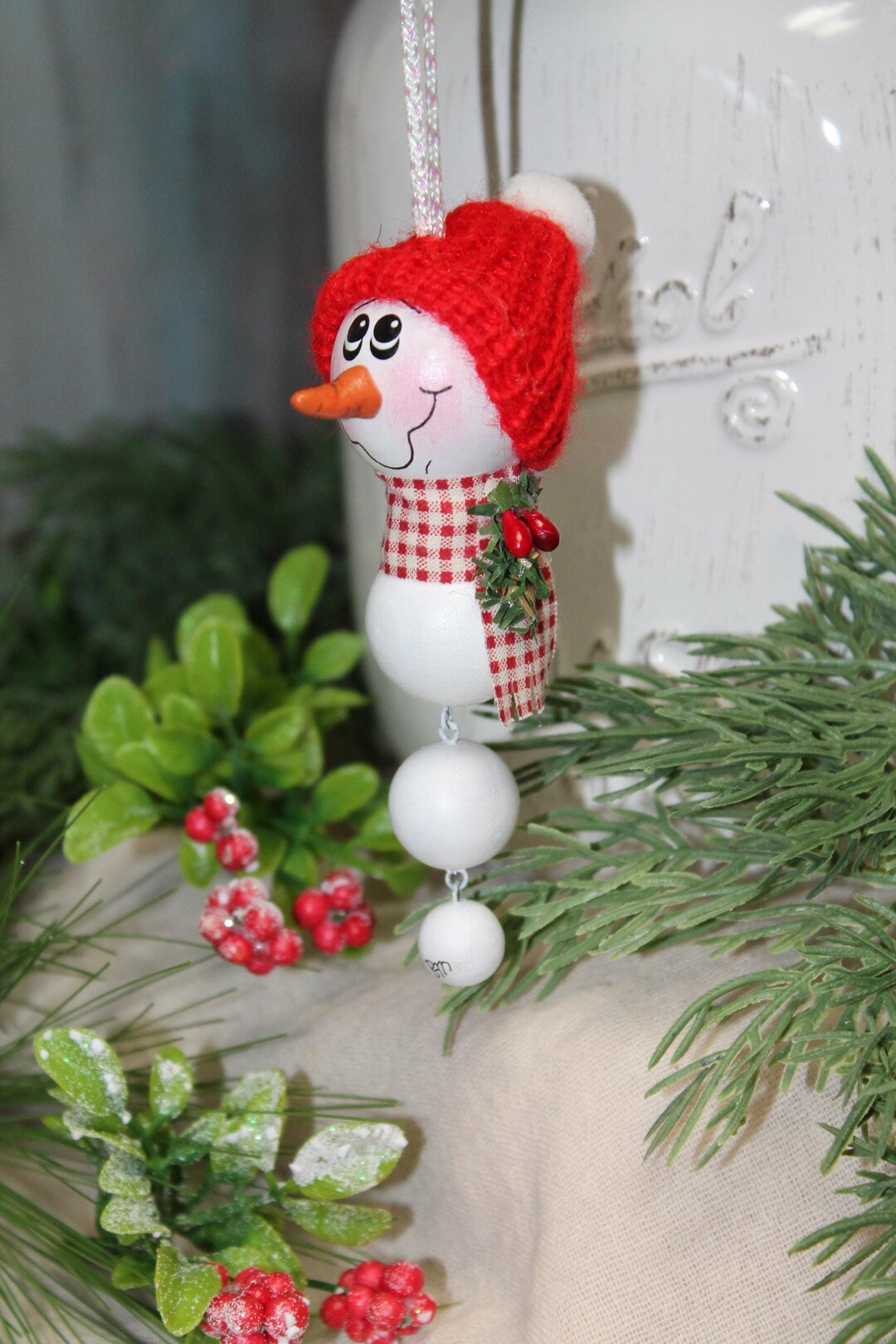 Icicle Snowman Wood Ball Ornament Red Knit Cap Hat - Etsy