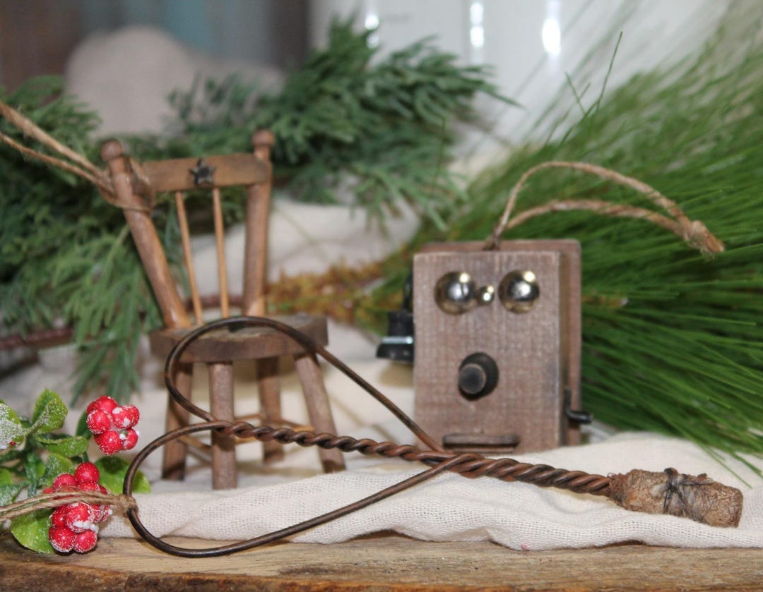 Old Kitchen Wood Spindle Chair Hand Crank Telephone Rusty Wire Rug ...