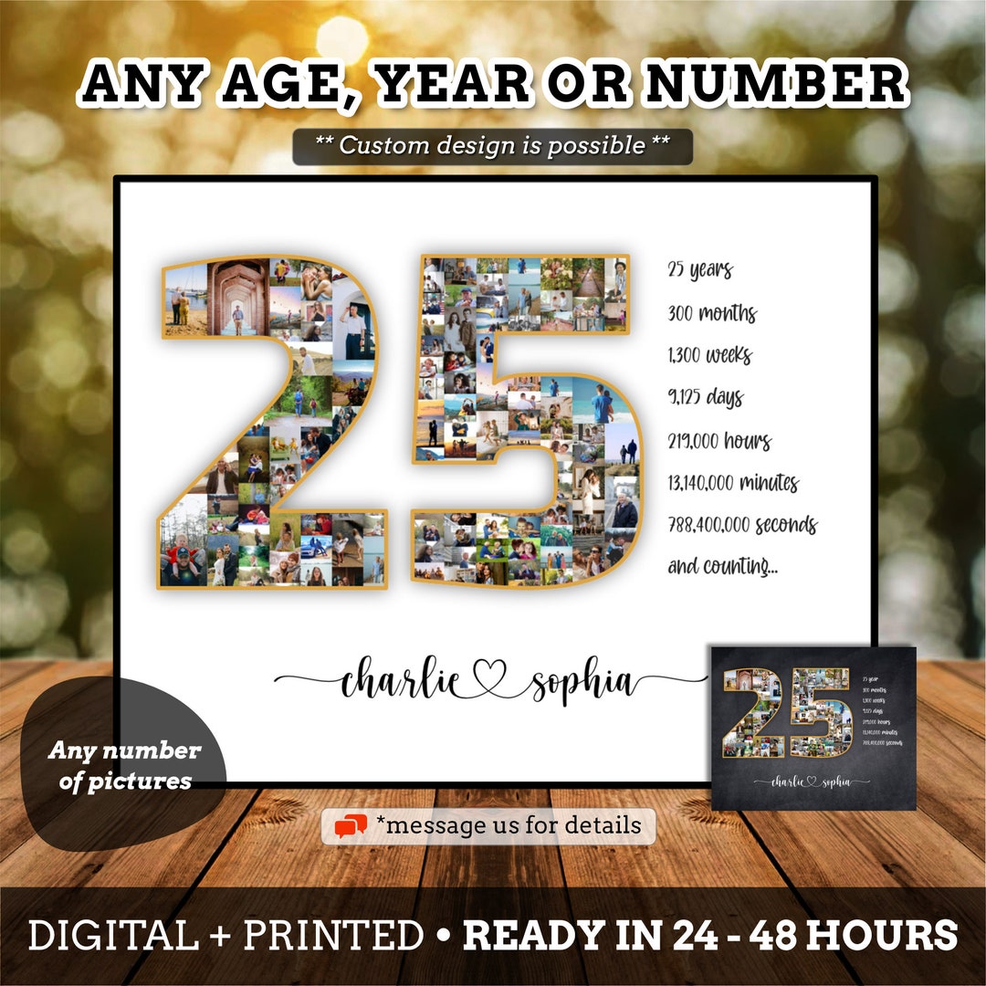 25th Anniversary Photo Collage Gift for Husband Wife, Number 25 Collage ...