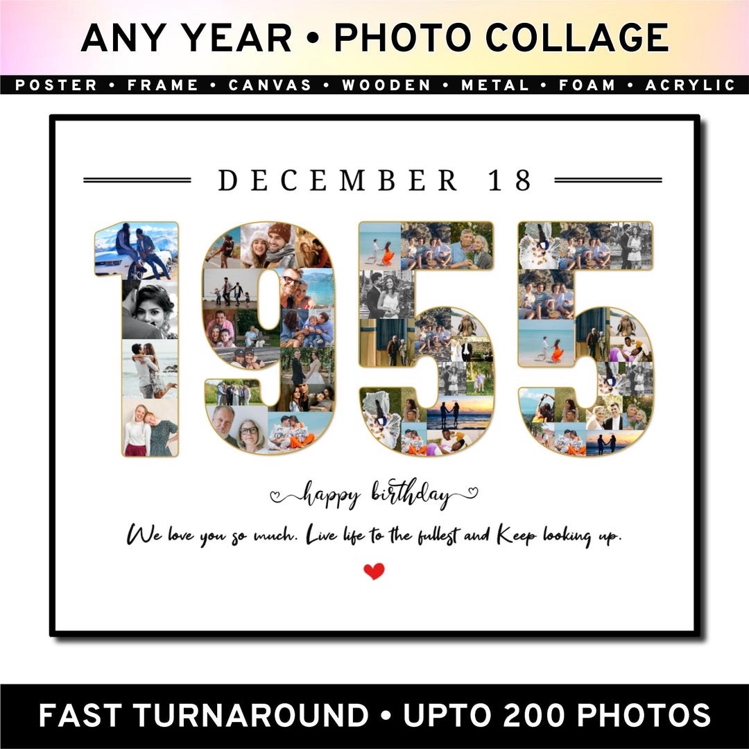 1955 Birthday Photo Collage, Personalized Custom Photo Number Collage ...