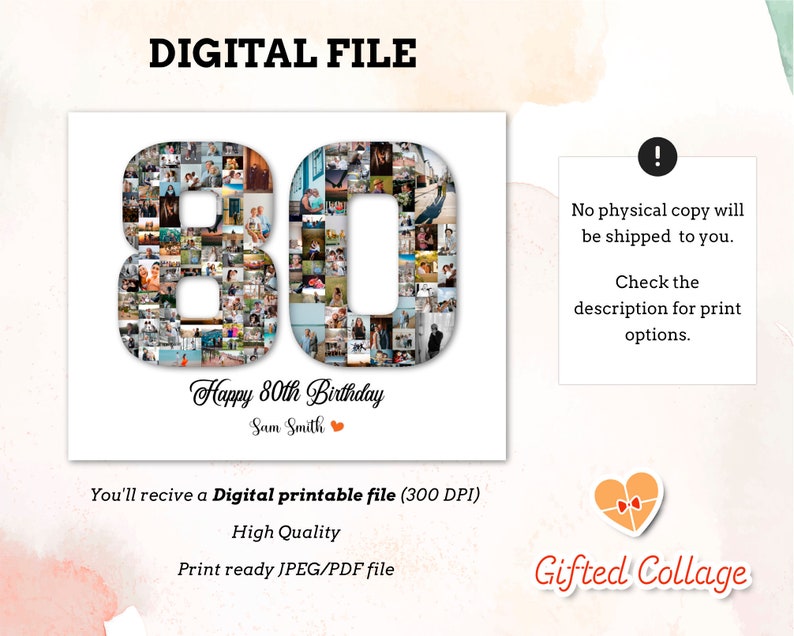 80th Birthday Photo Collage, 80th Digital Framed Poster Canvas ...