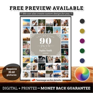 90th Photo Collage, Framed Poster Canvas, 90 Year Photo Collage, Photo ...
