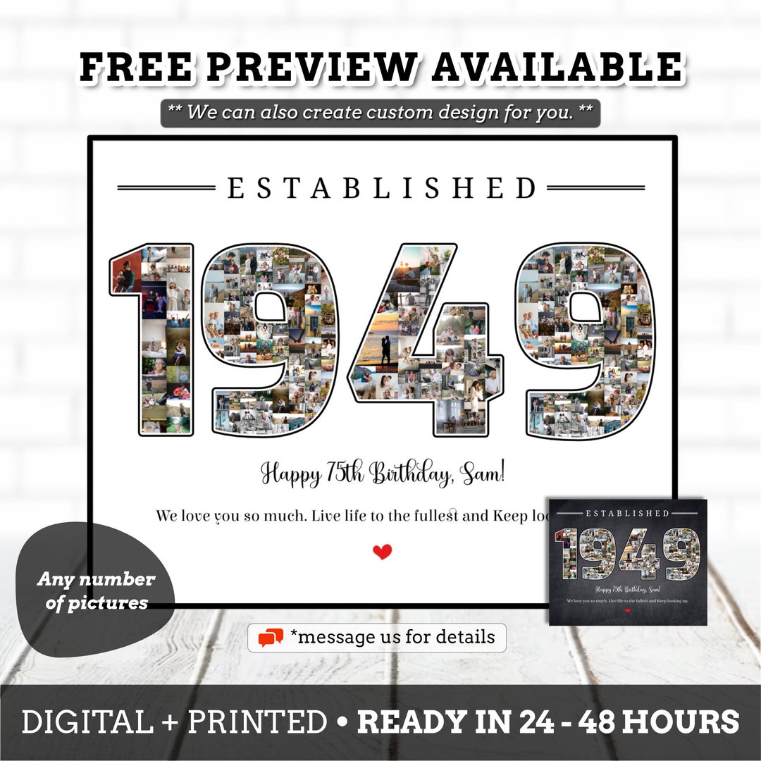 1949 Birthday Photo Collage, Number 1949 Collage, 75th Birthday Digital ...