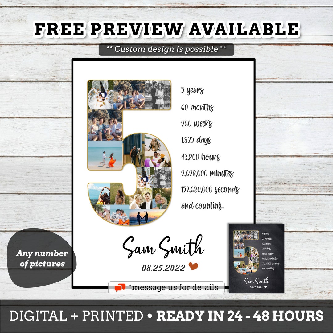 5th Birthday Photo Collage, Number 5 Collage Gift, 5th Digital Framed ...