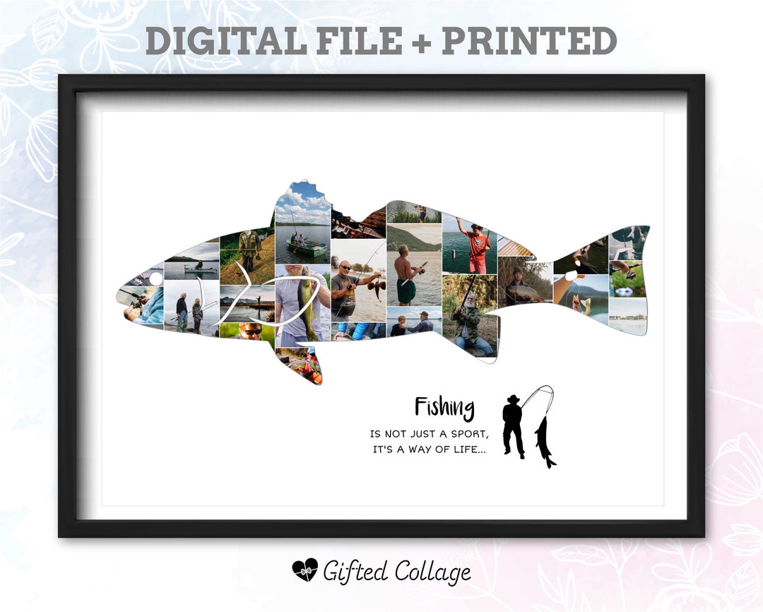 Salmon Fish Photo Collage, Fishermen Fishing on Boat Sign Wall Art ...