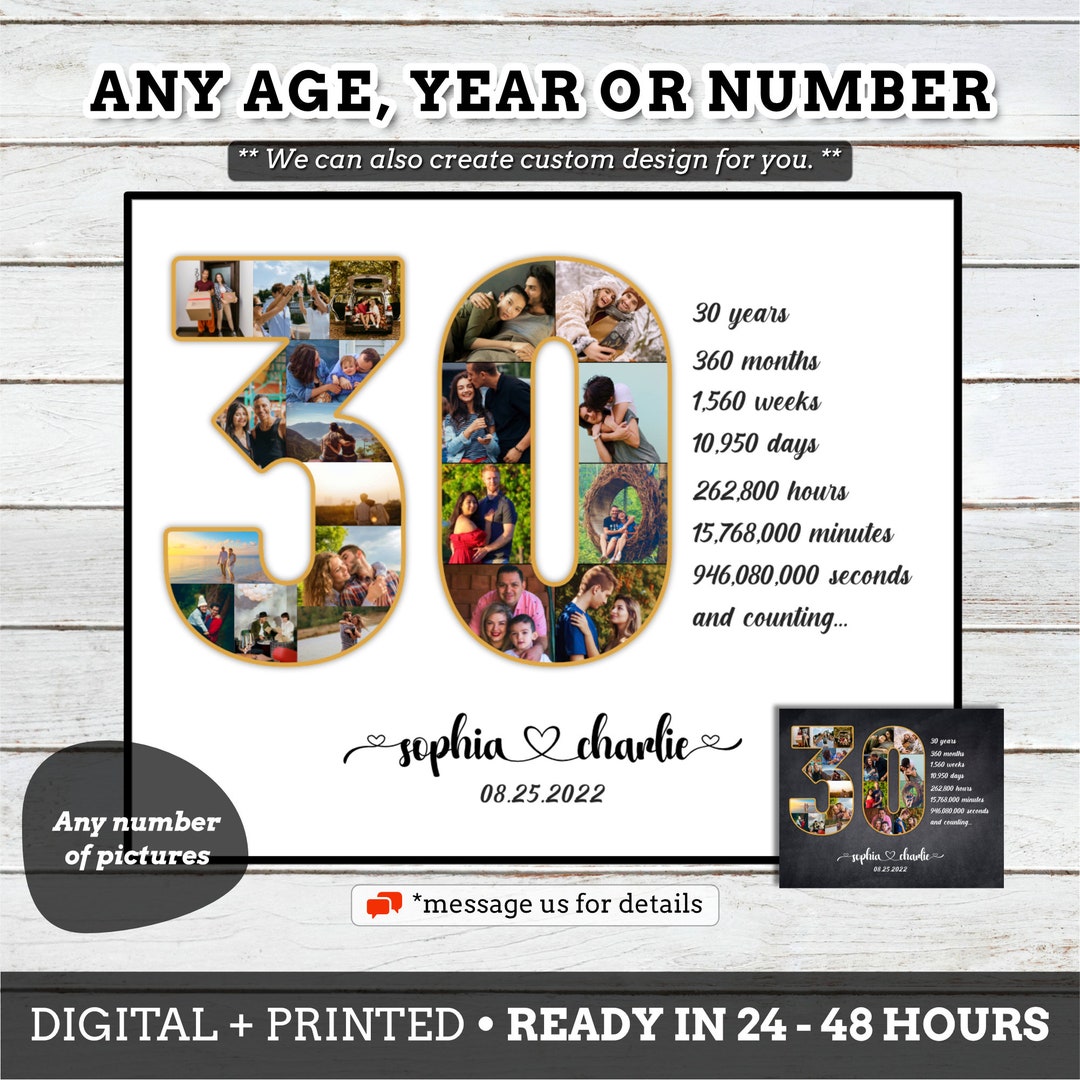 Custom 30th Anniversary Photo Collage, Number 30 Collage, Husband Wife ...
