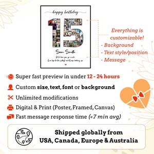 15th Birthday Photo Collage, Digital Number 15 Collage Gift ...