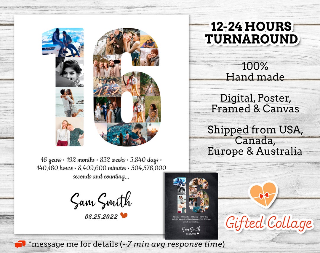 Custom 16th Birthday Photo Collage, 16th Digital Framed Poster Canvas ...