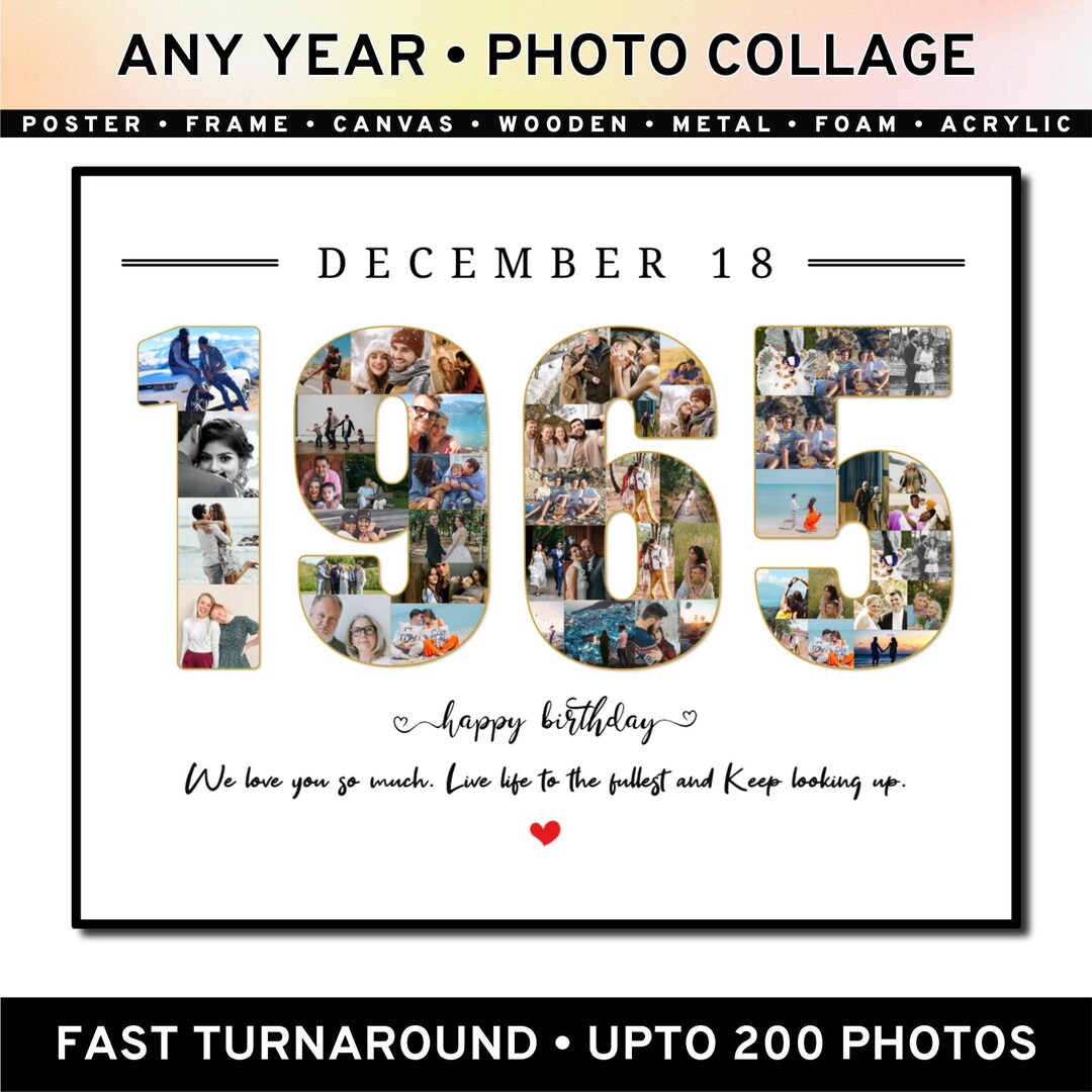 1965 Birthday Photo Collage, Personalized Custom Photo Number Collage ...