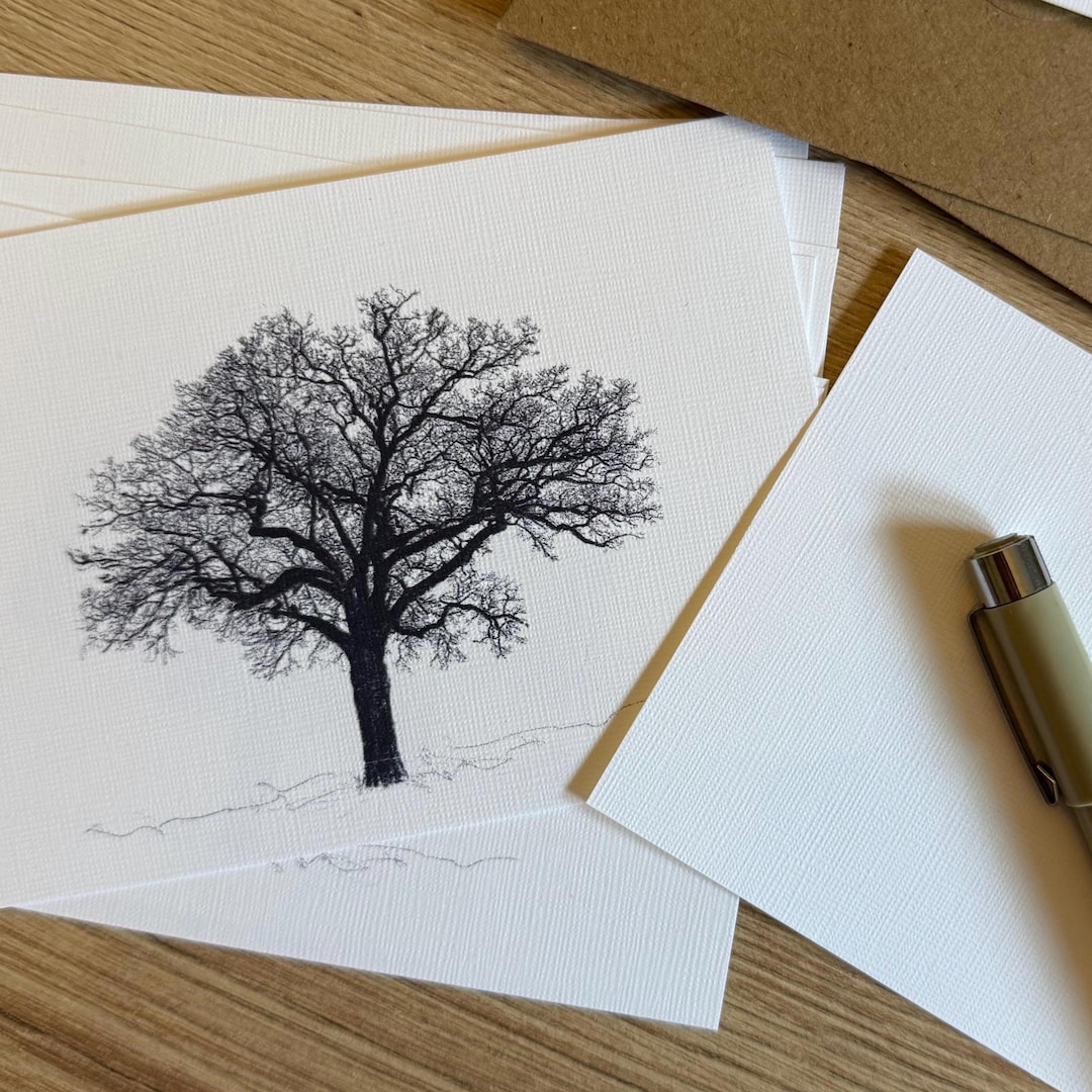 Oak Maple Tree Note Card Set: Hand-drawn Winter Design, Set of 10 With ...