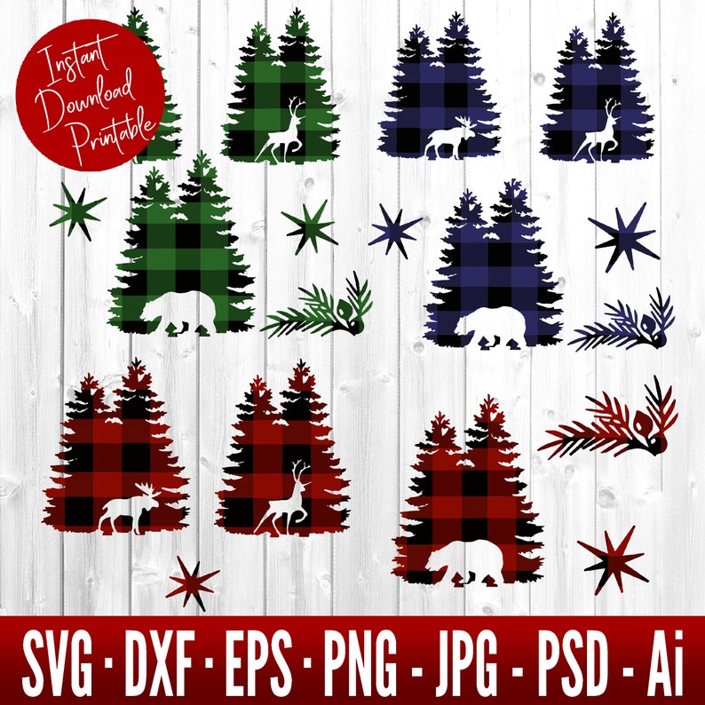 Buffalo Plaid Pine Tree SVG Bundle Plaid Tree Moose Bear | Etsy