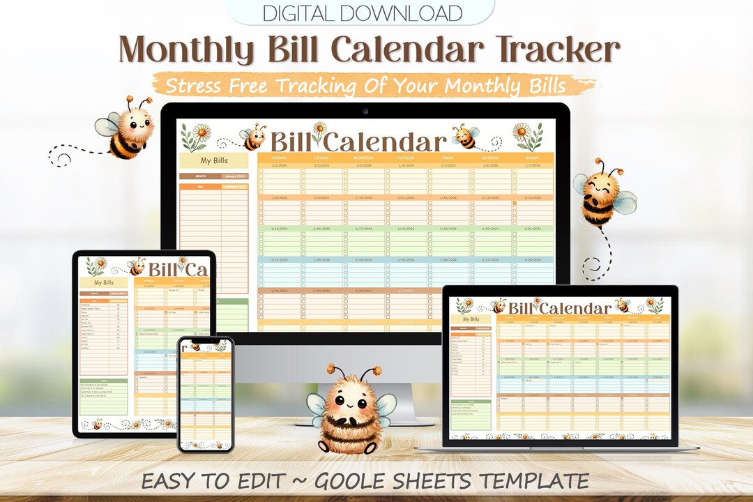 Bee Theme Bill Calendar Google Sheets Spreadsheet: Monthly Bill Tracker ...