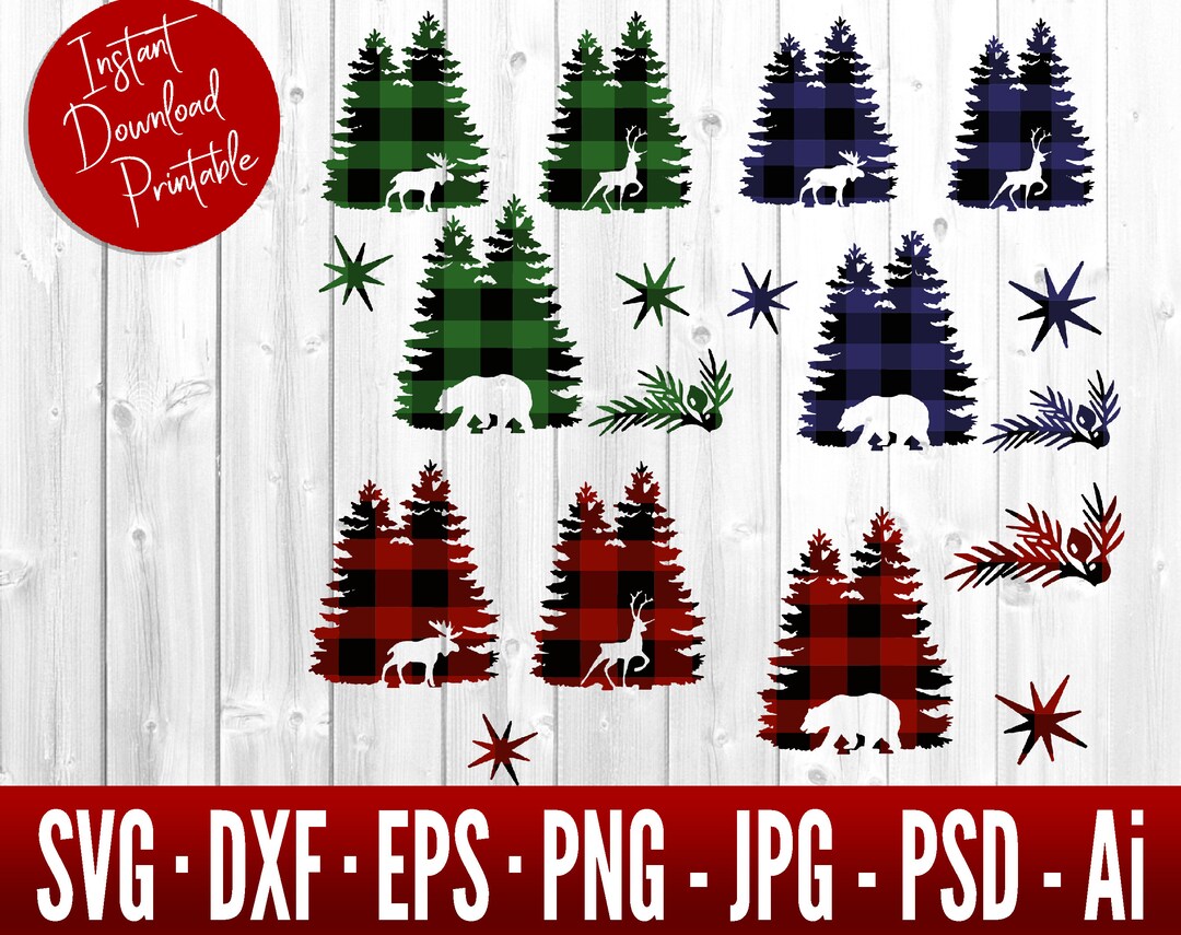Buffalo Plaid Pine Tree SVG Bundle - Plaid Tree Moose Bear Deer SVG ...