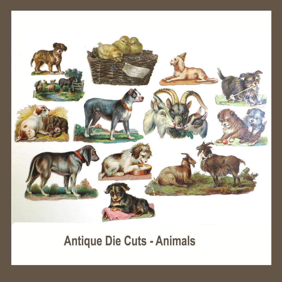 Antique Victorian Scraps Die Cuts, Embossed, DOGS, GOATS, BIRDS, Set of ...
