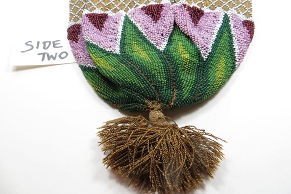 Antique Beaded RETICULE, Tulip Bottom, tiny lavender,… - Gem