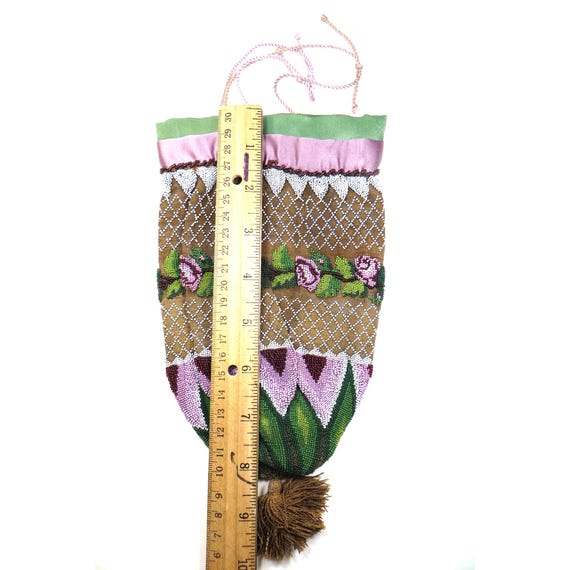 Antique Beaded RETICULE, Tulip Bottom, tiny lavender,… - Gem
