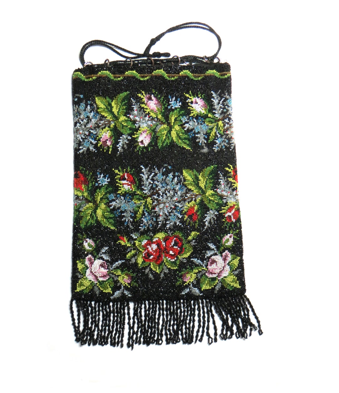 Antique Beaded Reticule With Three Bands of Flowers on a Black - Etsy