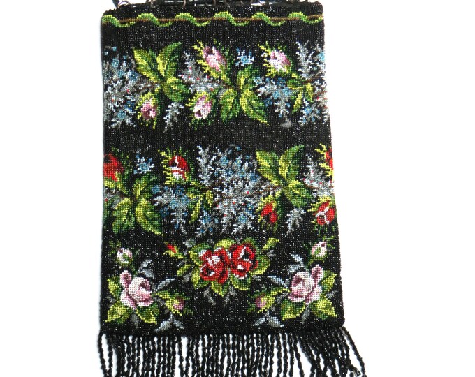 Antique Beaded Reticule With Three Bands of Flowers on a Black ...