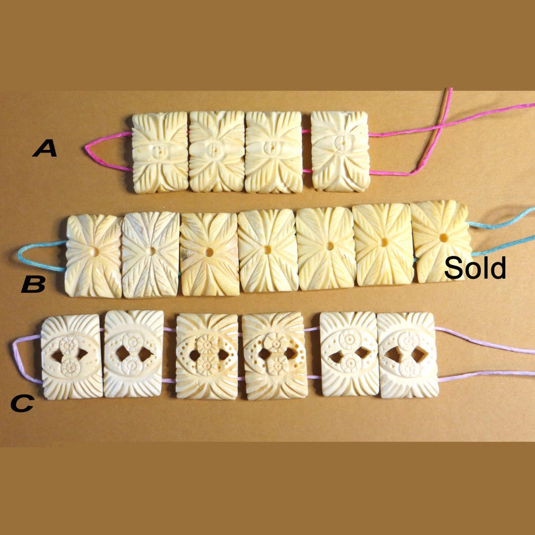 Vintage CARVED BONE BEADS, Two Holes, Ox Bone Beads, Hand Carved, Rectangle Beads ...