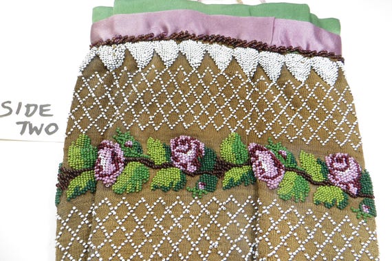 Antique Beaded RETICULE, Tulip Bottom, tiny lavender,… - Gem