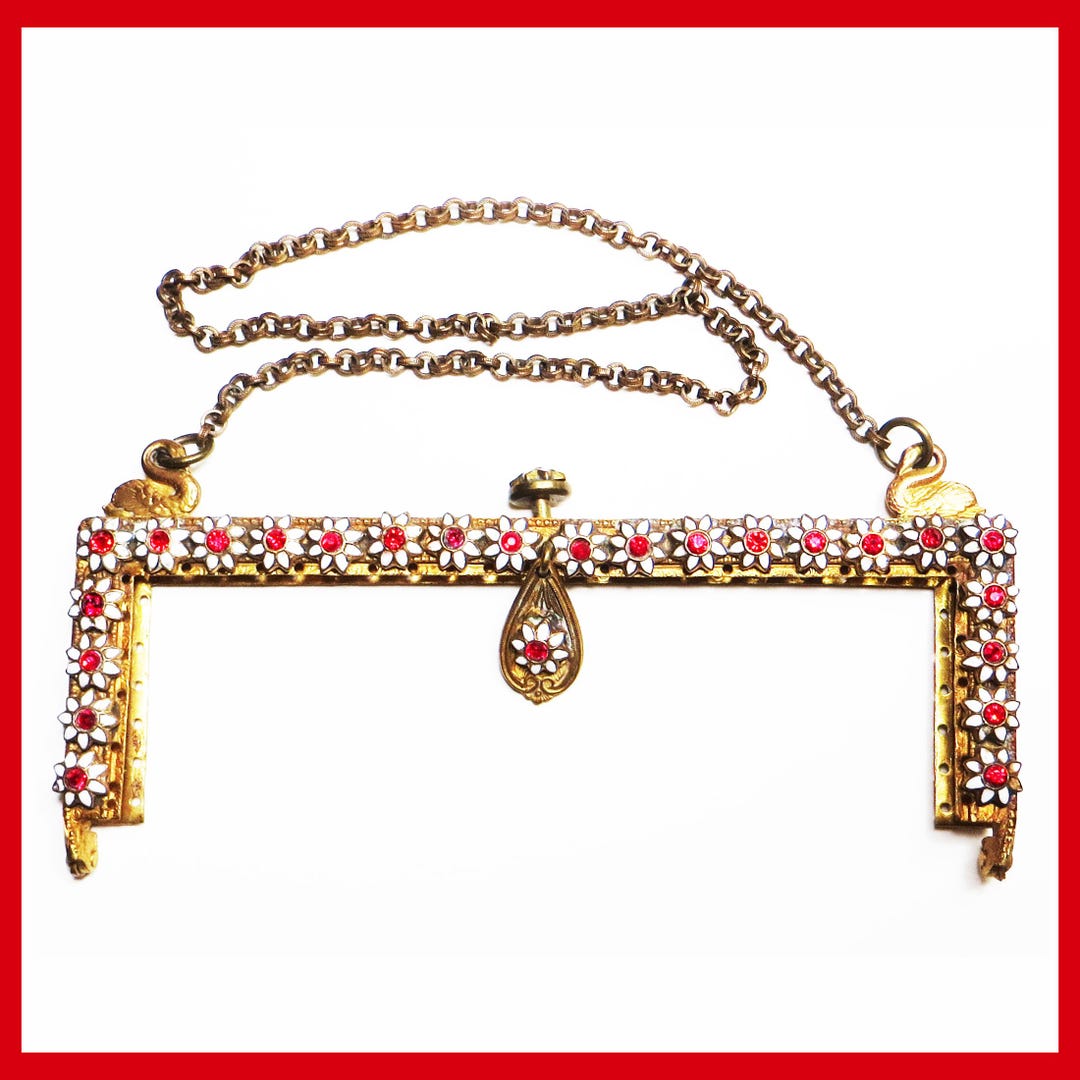 Vintage Purse Frame With White Enamelled Daisies and Red Rhinestone ...