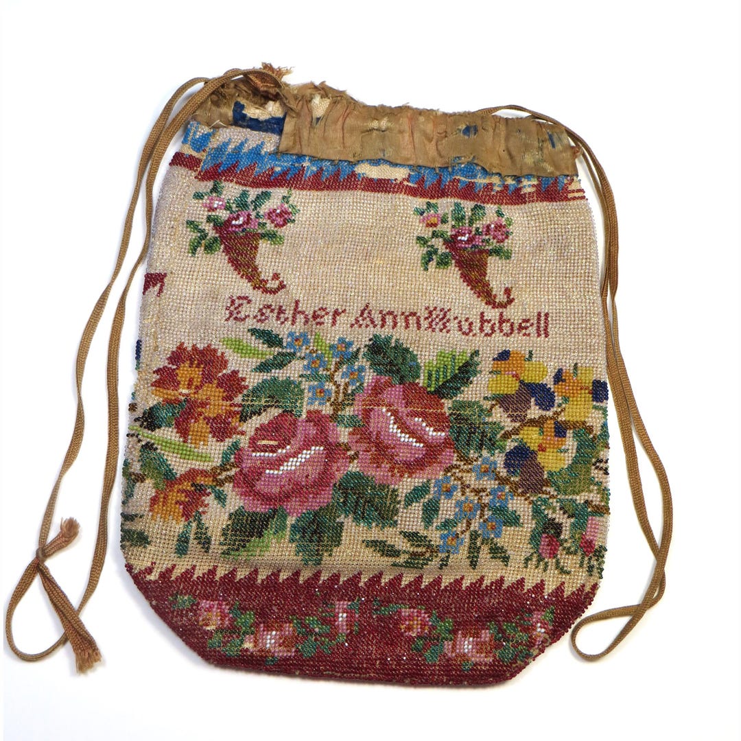 Esther Ann Hubbell Antique RETICULE, Purse, Roses, Micro Beads ...