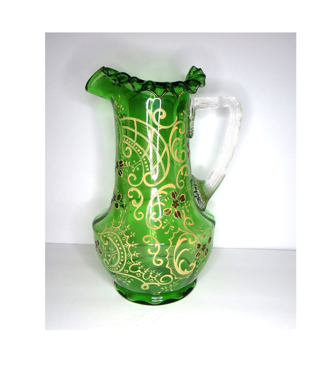 Green Depression Glass Pitcher, Hand Painted, Ruffled Edge, Clear ...