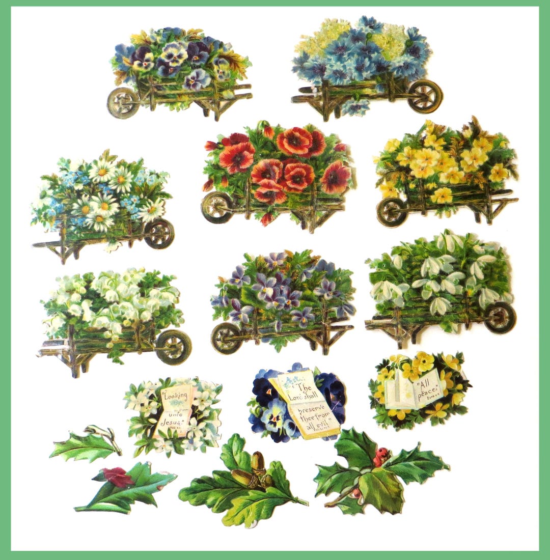Antique Victorian Scraps Die Cuts, Embossed, FLOWER CARTS, 15 Cuts ...