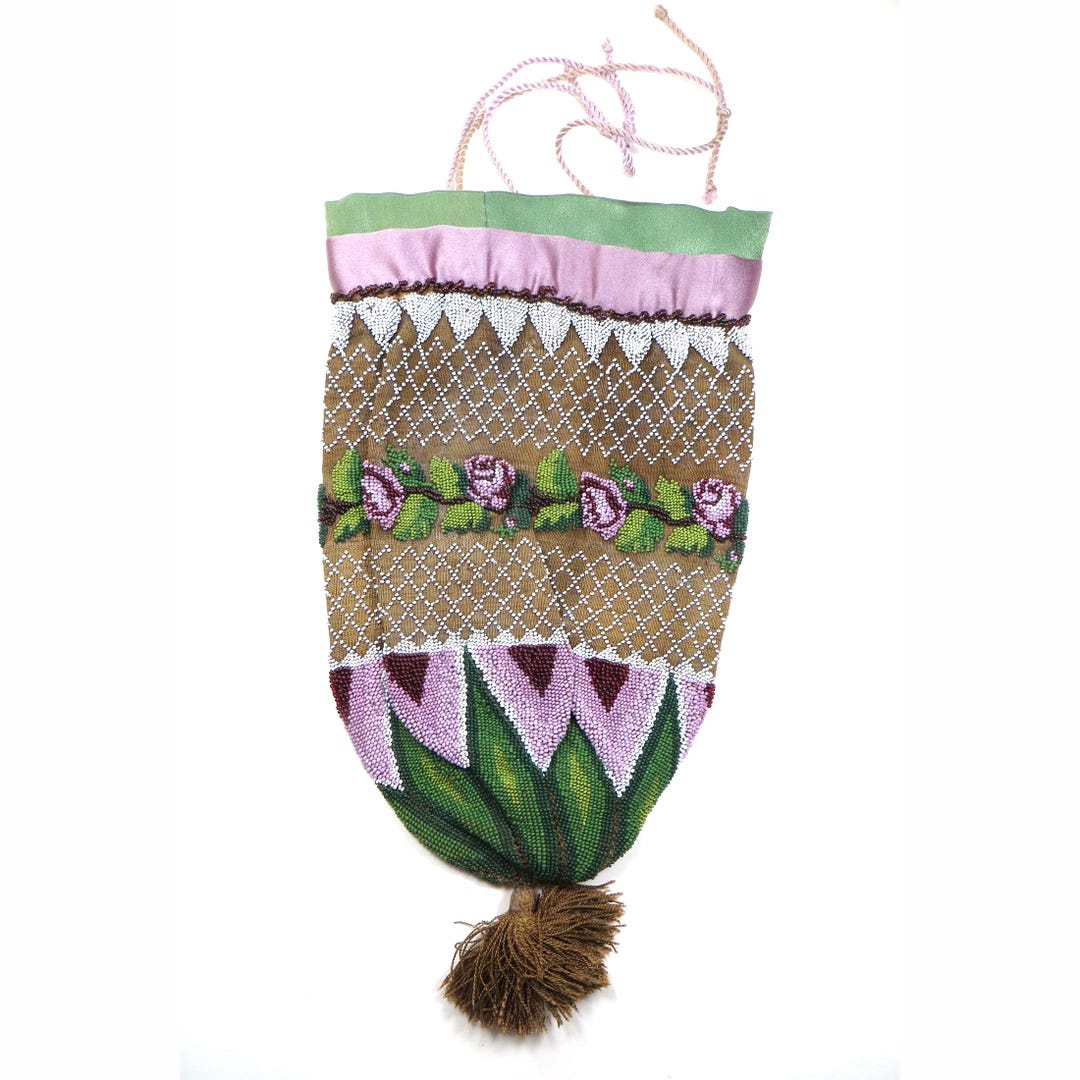 Antique Beaded RETICULE, Tulip Bottom, Tiny Lavender, Green, White Seed ...