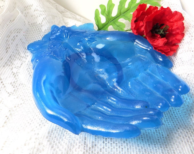 Blue Glass Open Cupped Hands, Grapes & Leaf on Wrist, Vintage ...