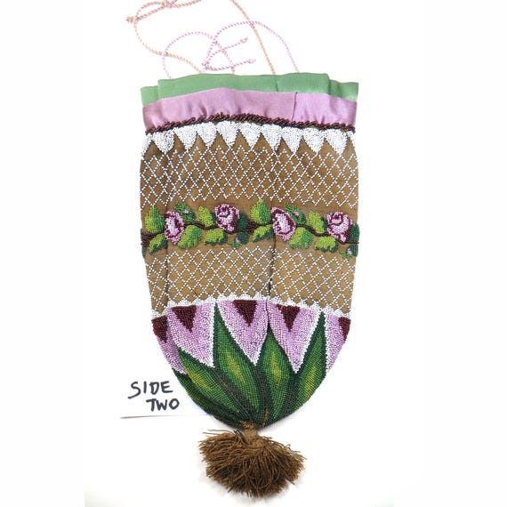 Antique Beaded RETICULE, Tulip Bottom, tiny lavender,… - Gem