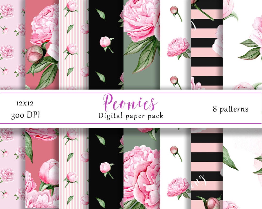 Peony Pattern, Digital Paper Pack, Watercolor Flowers, Floral Digital ...