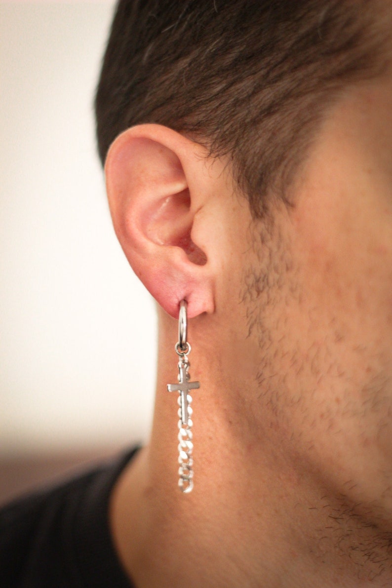 Mens Silver Cross Dangle Earring With Chain Dangle Cross - Etsy