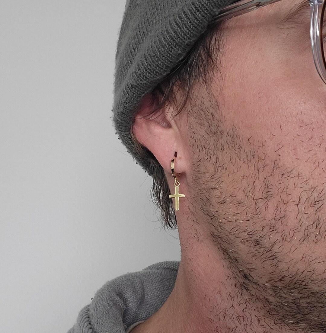 Tiny Gold Cross Hoop Earring: Dainty Bronze Dangle (single) - Etsy