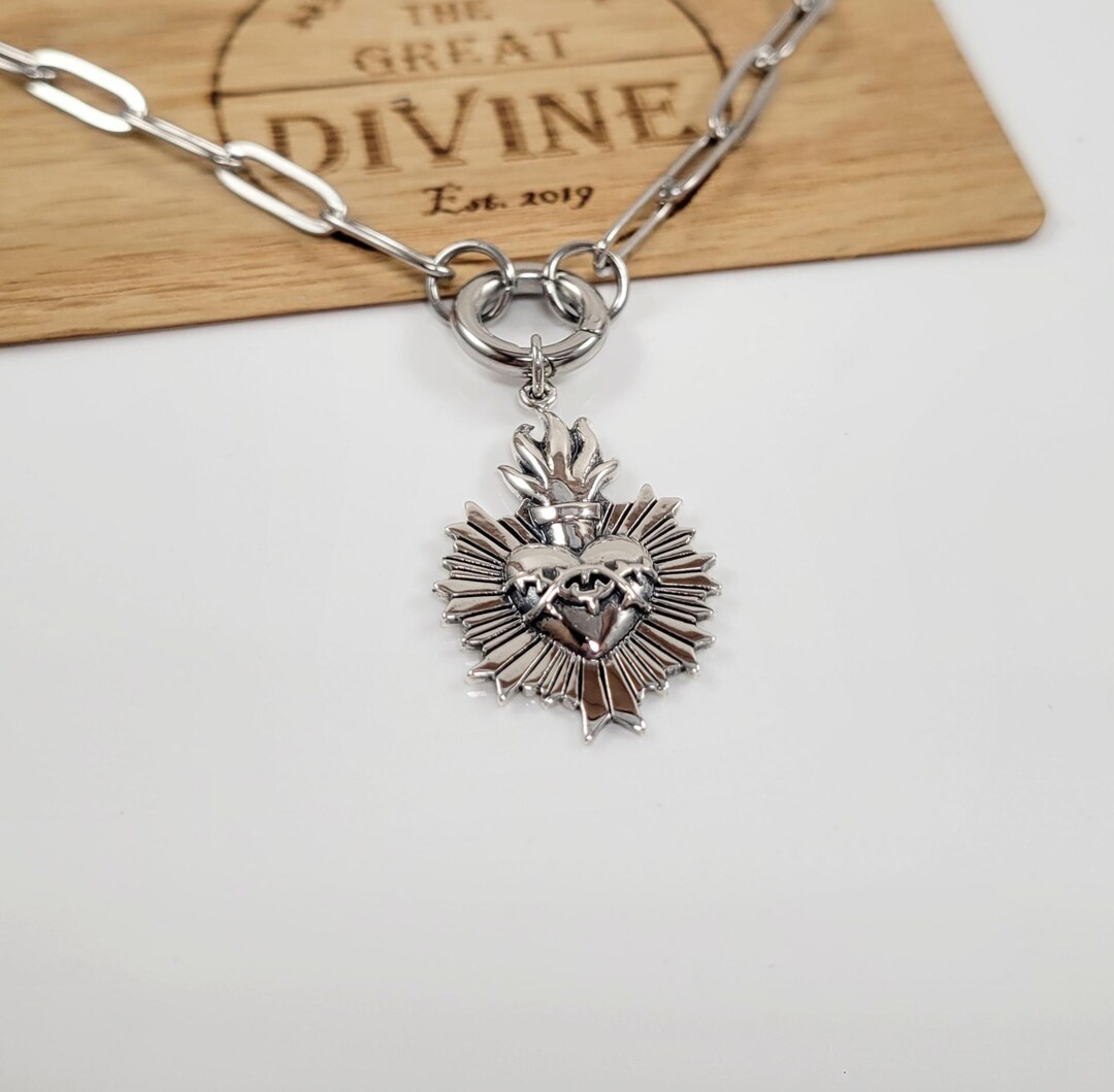 Sterling Silver Flaming Heart Necklace: Punk Paperclip Chain - Etsy