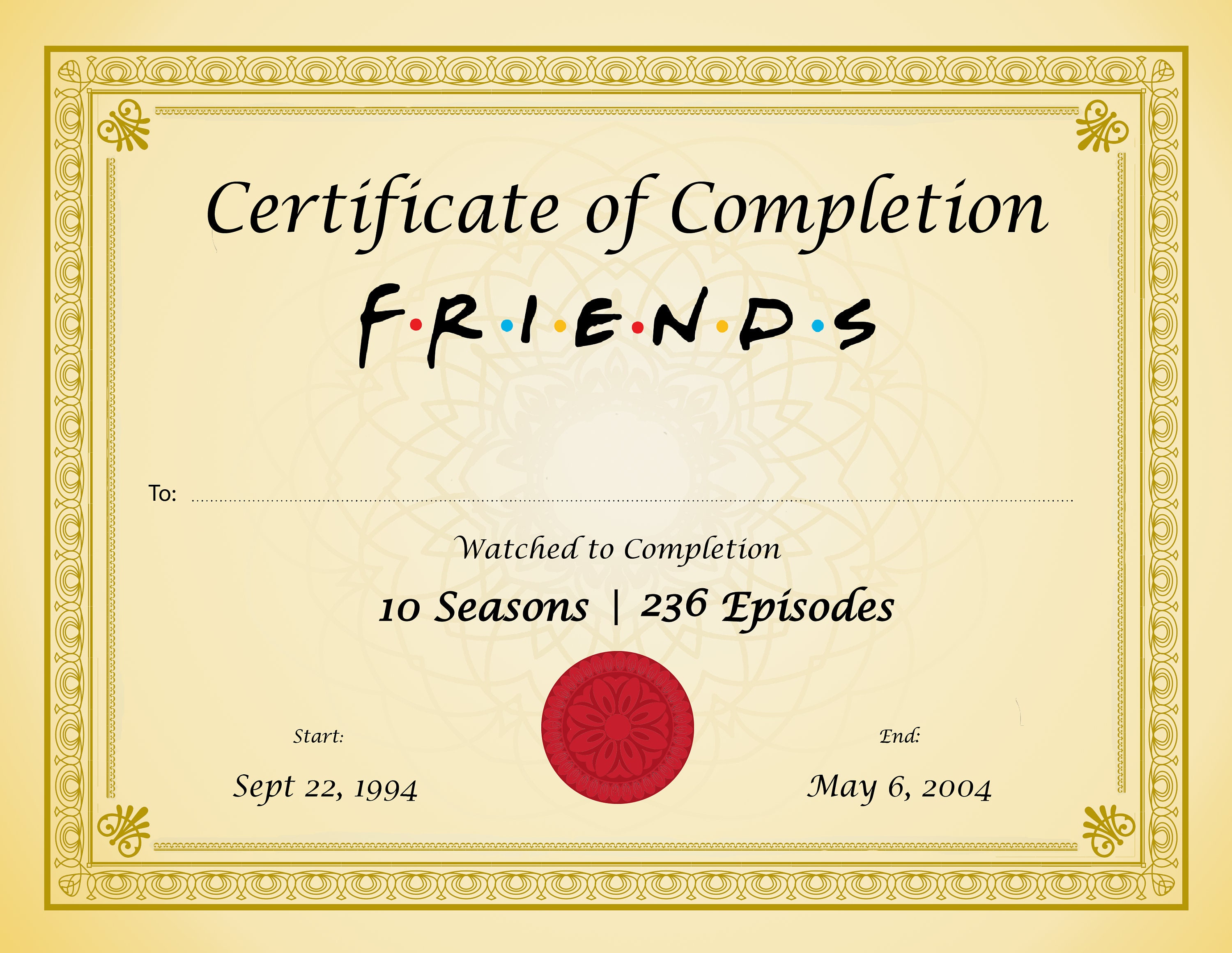 Certificate of Completion Friends Show - Etsy