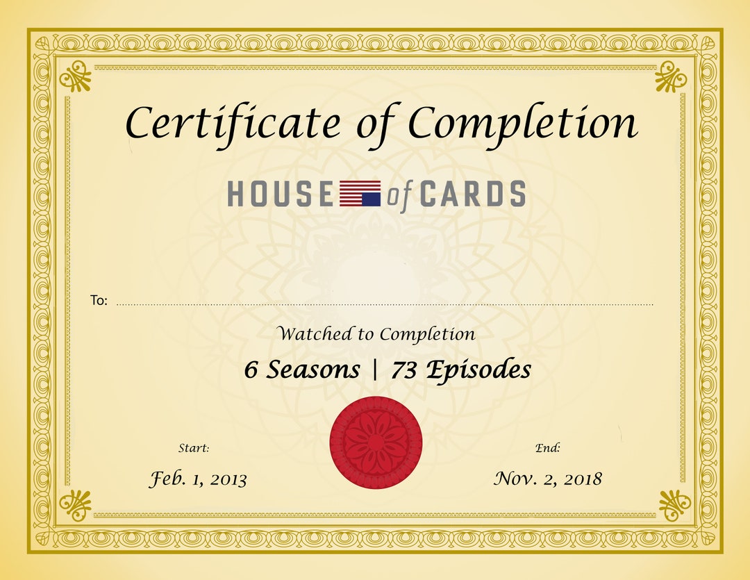 Certificate of Completion House of Cards - Etsy