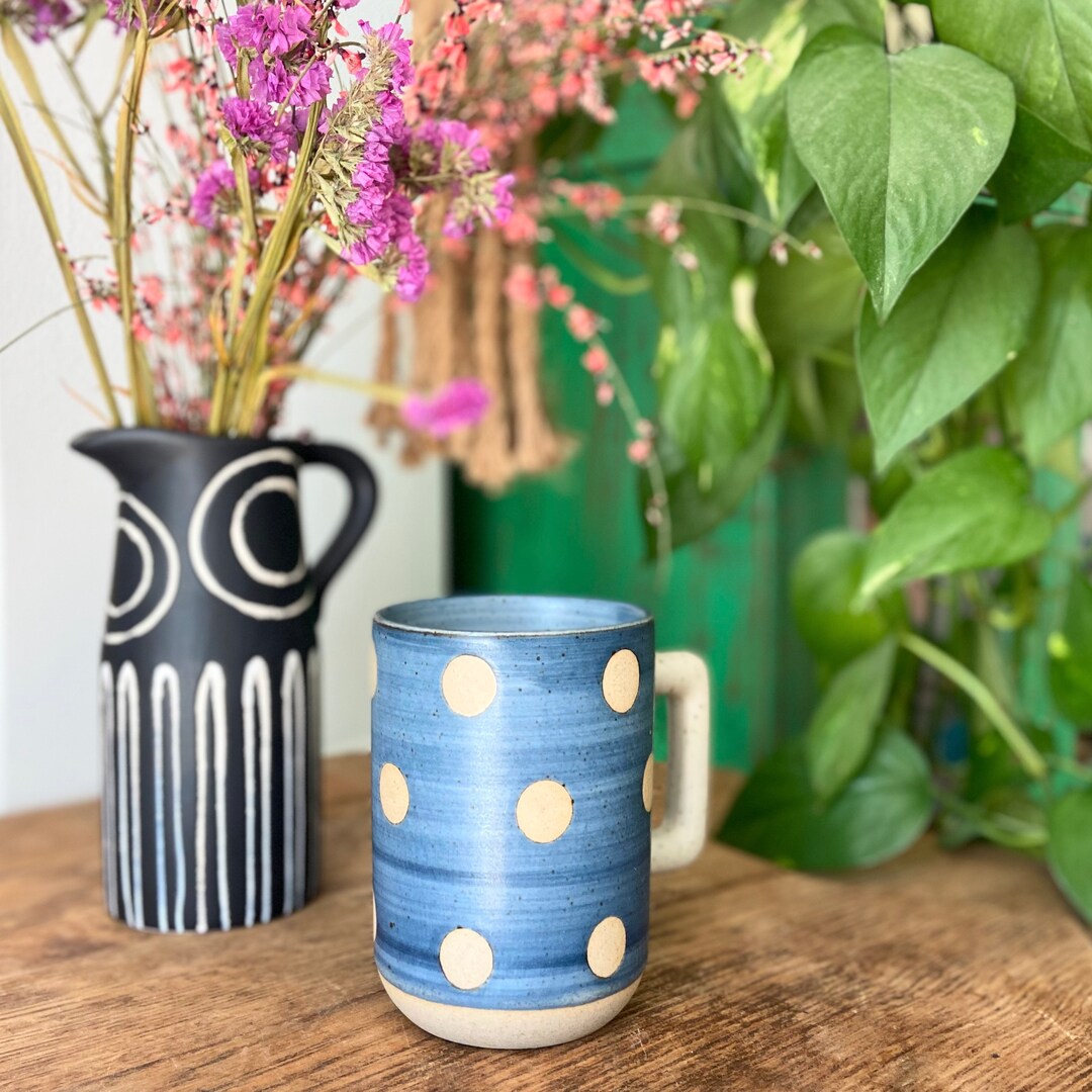 Spotty Stoneware Mug, Blue Ceramic Mug, Polka Dot Mug, Large Coffee Mug ...