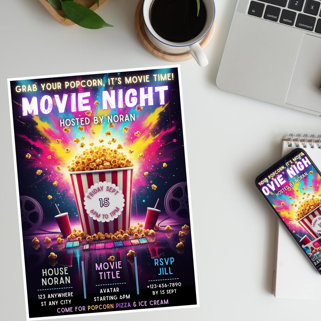 Movie Night Birthday Invitation | Popcorn, Blockbuster Template Canva ...