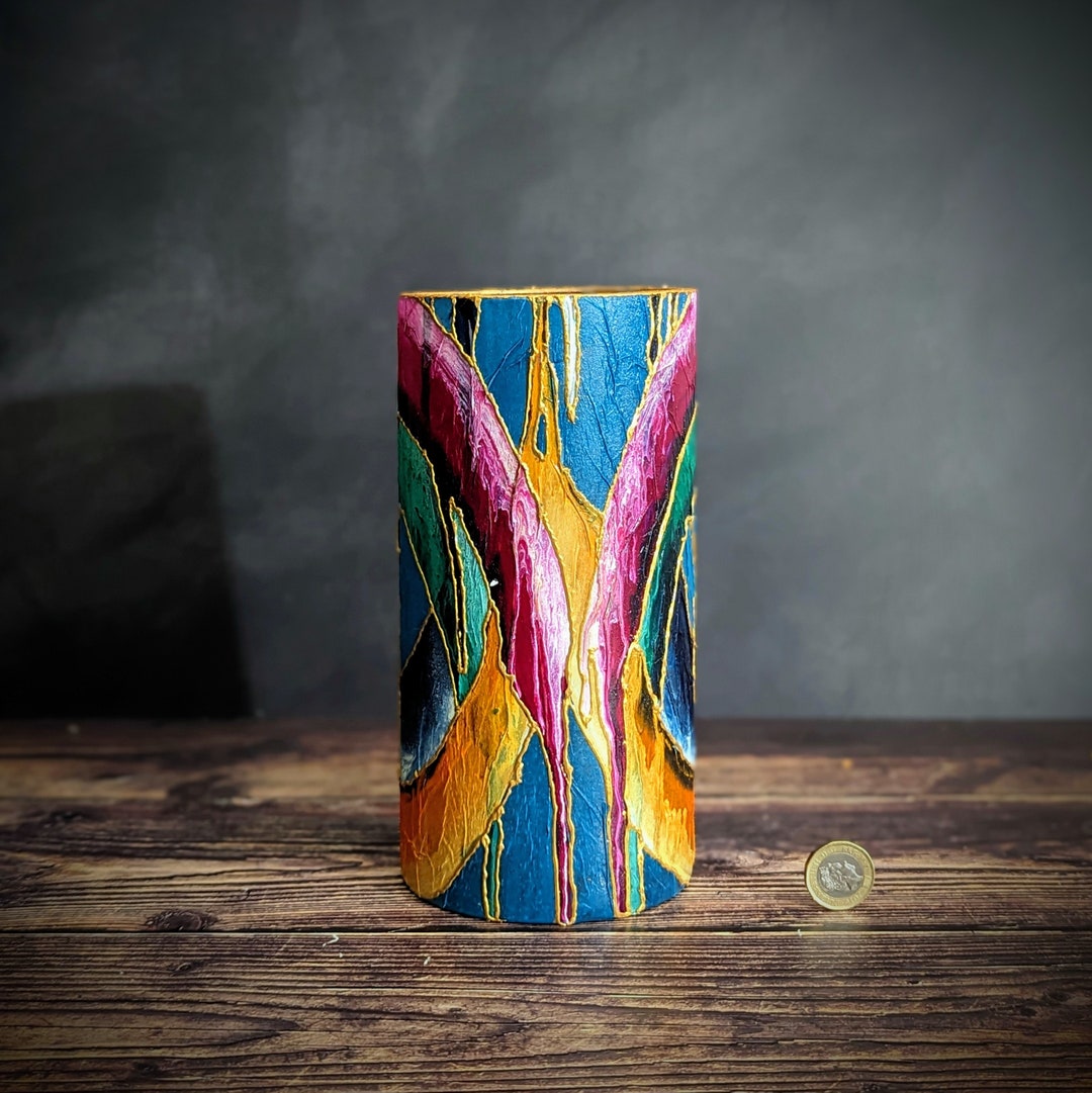 Hand-painted Glass Vase – Multicolour Abstract Art With Gold – Teal ...