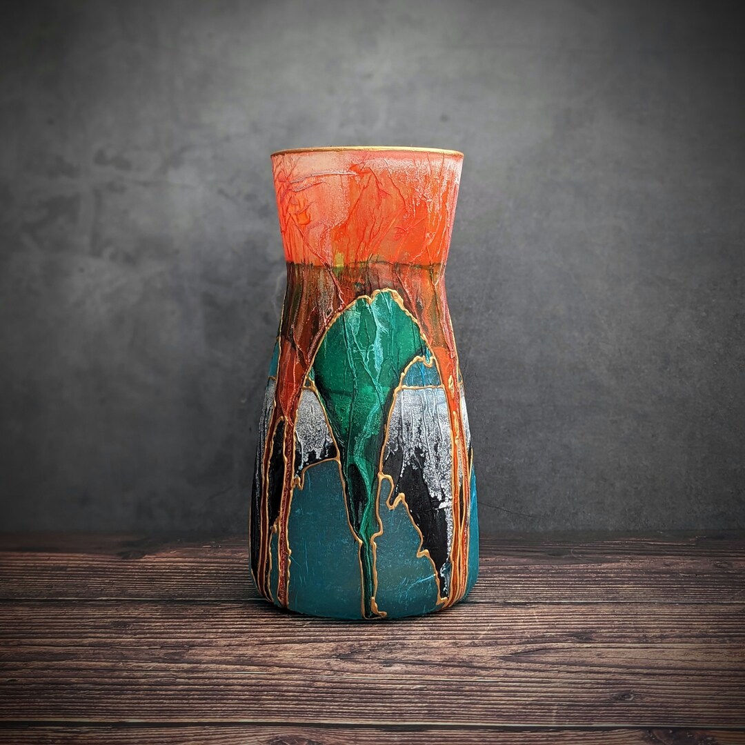 Colourful Vase Unique Hand Painted Design Orange Green Turquoise Modern ...