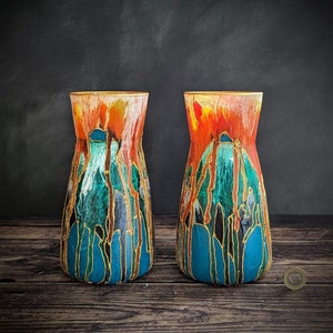Colourful Vase - Unique Hand Painted Design - Orange Green Turquoise ...