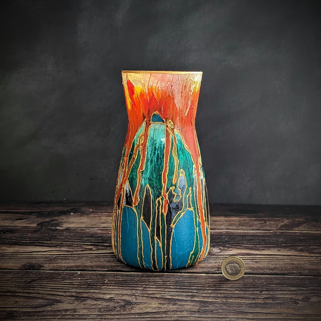 Hand-painted Glass Vase – Orange, Teal & Green –bright Abstract Design ...