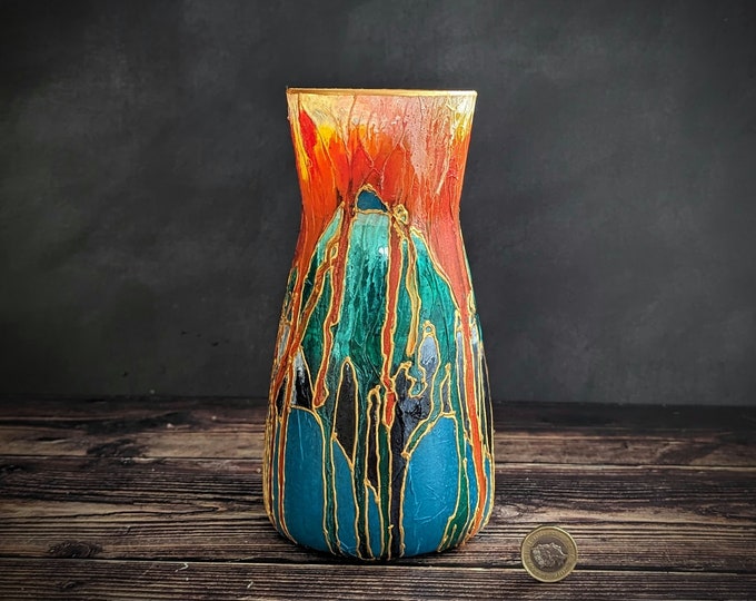 Colourful Vase Unique Hand Painted Design Orange Green Turquoise Modern ...