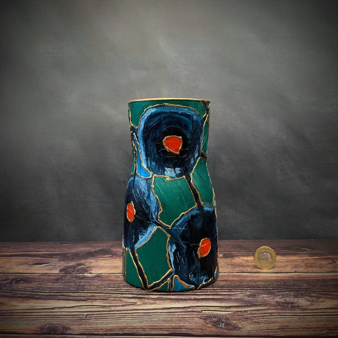 Emerald Green Vase for Flowers Hand Painted Glass Colourful Artisan ...