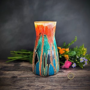 Colourful Vase - Unique Hand Painted Design - Orange Green Turquoise ...