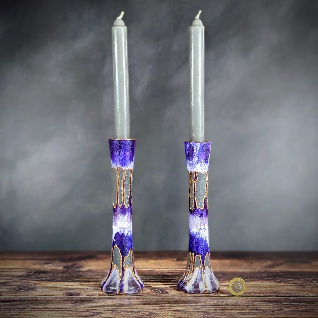 Candlesticks Candle Holders Tall Purple Grey Bronze Detail Hand Painted ...