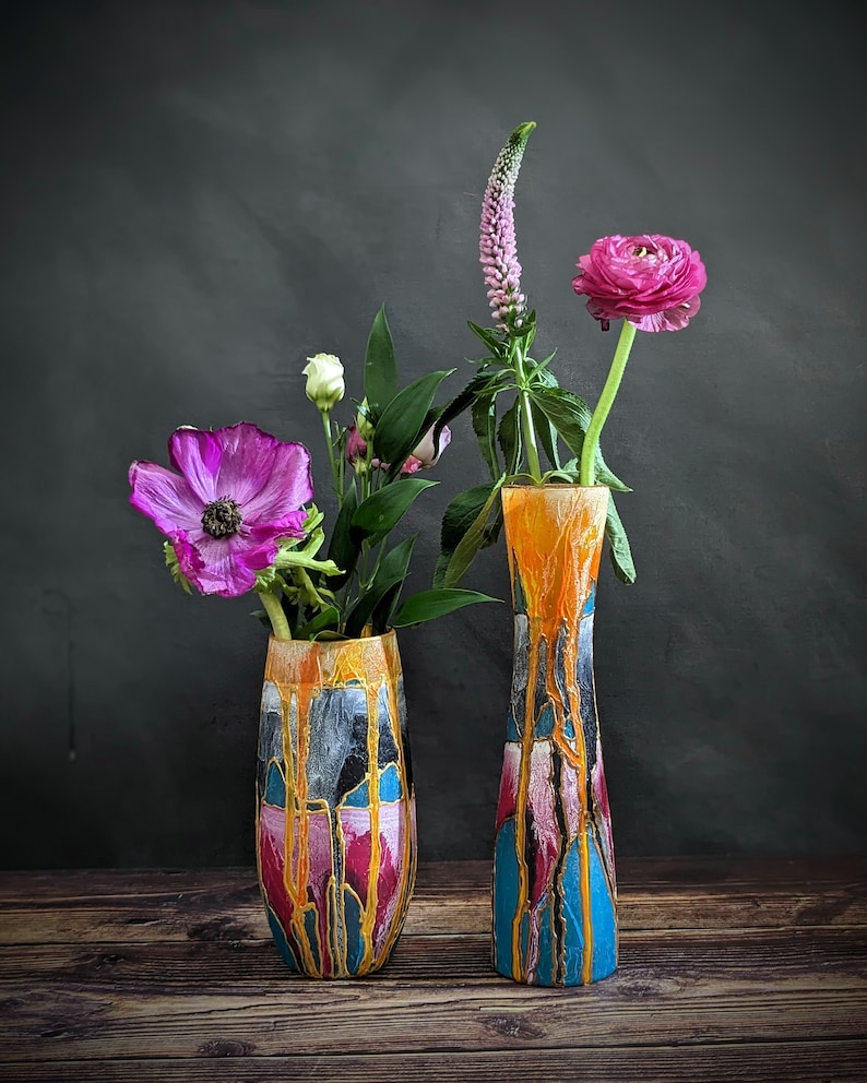 Colourful Vase Vibrant Painted Bud Glass Unique Design Artisan Bright ...